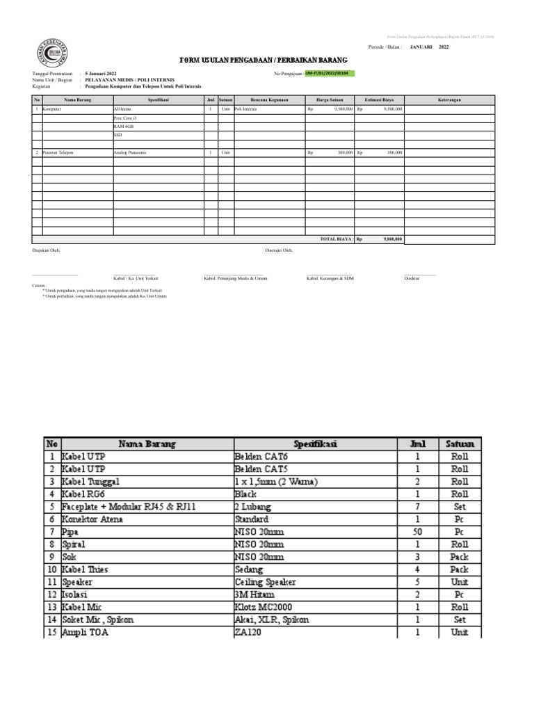 Form Usulan Pengadaan / Perbaikan Barang: Periode / Bulan | PDF