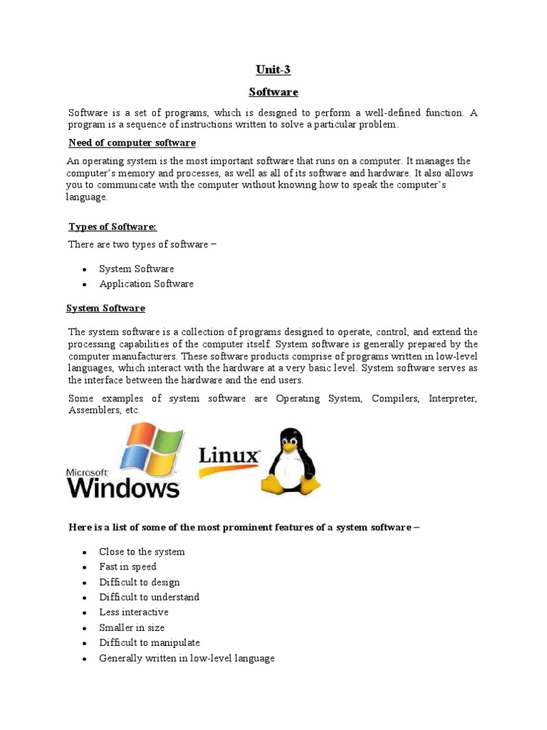Unit-3 Software: Need of Computer Software | PDF | Operating System | Computer Programming