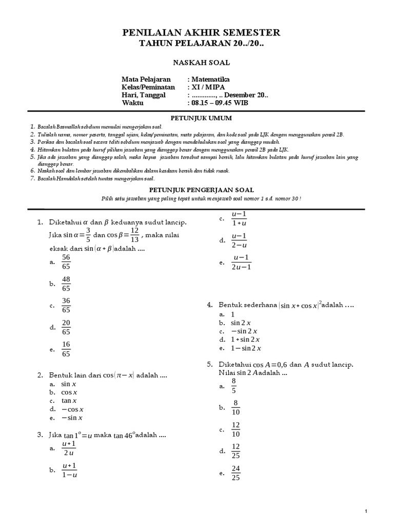 Soal PAS Matematika Minat Ver 1 Kelas XI | PDF