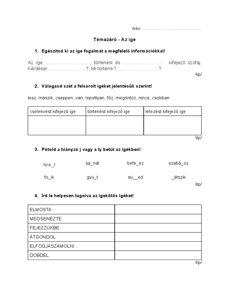 TANAK Nyelvtan 6. Osztály: Az Ige Témazáró | PDF