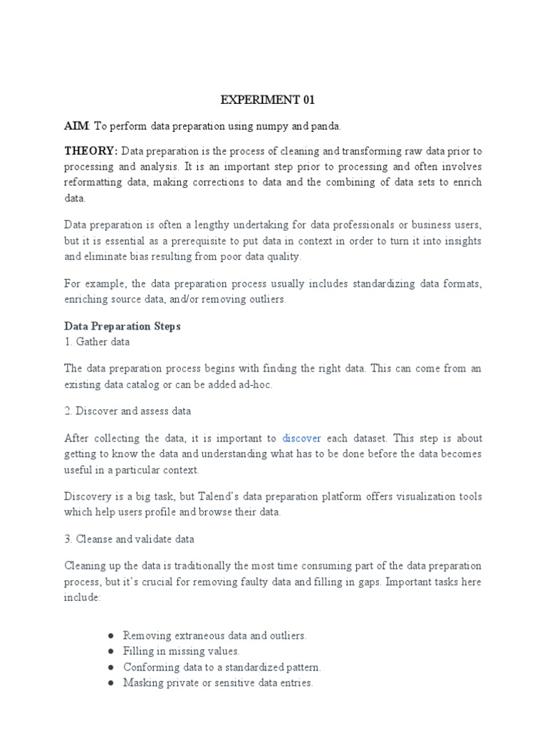 Experiment 01: AIM: To Perform Data Preparation Using Numpy and Panda ...