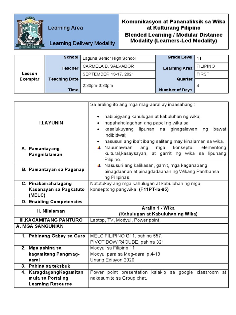 4as Lesson Plan M. Siatriz 1ST QUARTER WEEK 1 | PDF