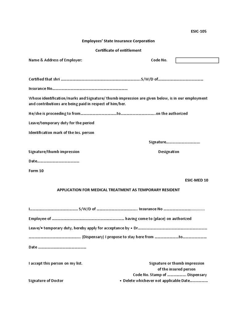 ESIC-105 Employees' State Insurance Corporation Certificate of ...