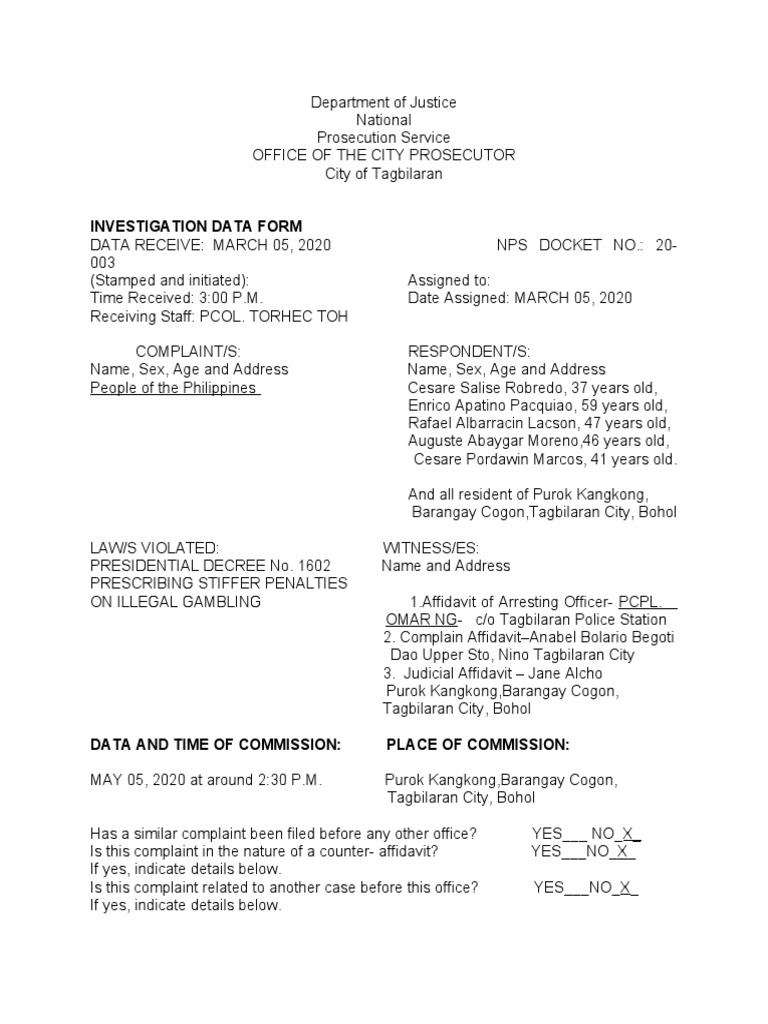 Investigation Data Form | PDF | Affidavit | Prosecutor