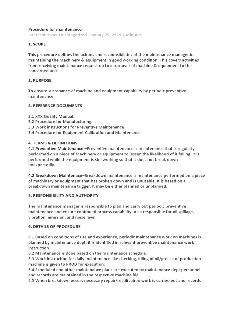 Procedure For Maintenance | PDF | Information Technology Management | Systems Theory