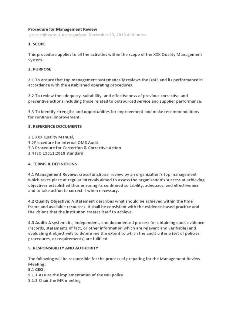 Procedure For Management Review | PDF | Audit | Quality Management System
