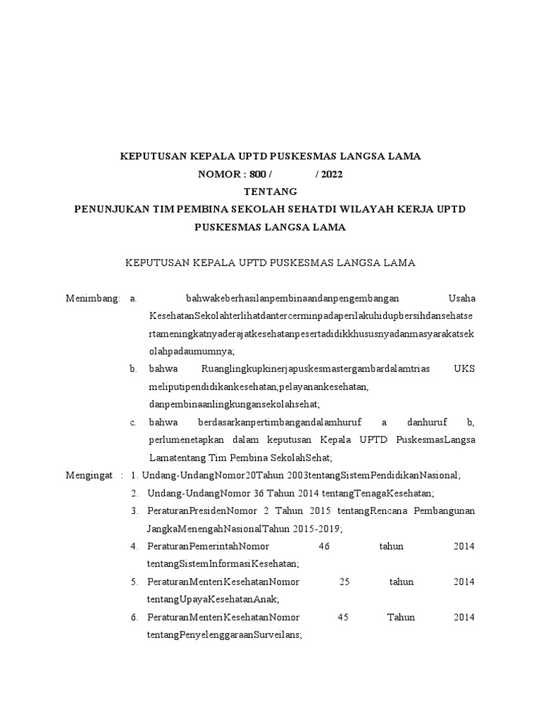 Penunjukan Tim Pembina Sekolah Sehat | PDF