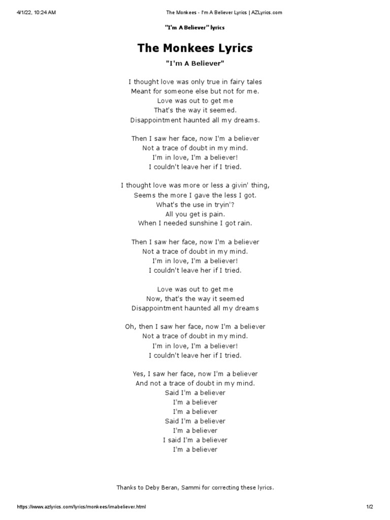 The Monkees - I'm A Believer Lyrics | PDF