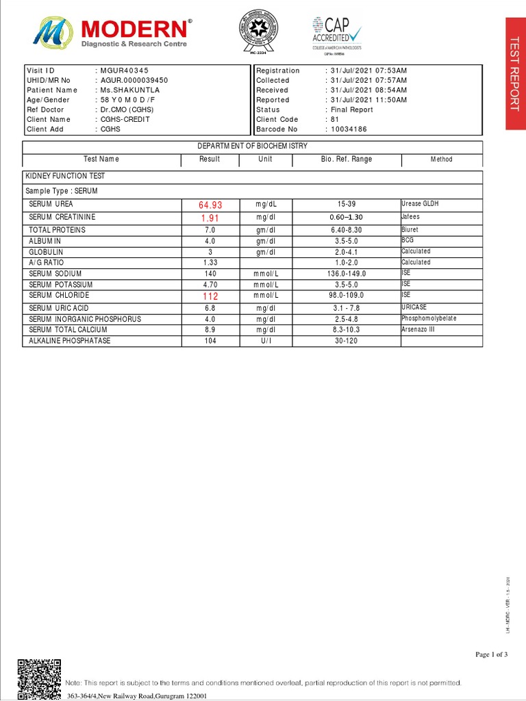 Department of Biochemistry Test Name Result Unit Bio. Ref. Range | PDF ...