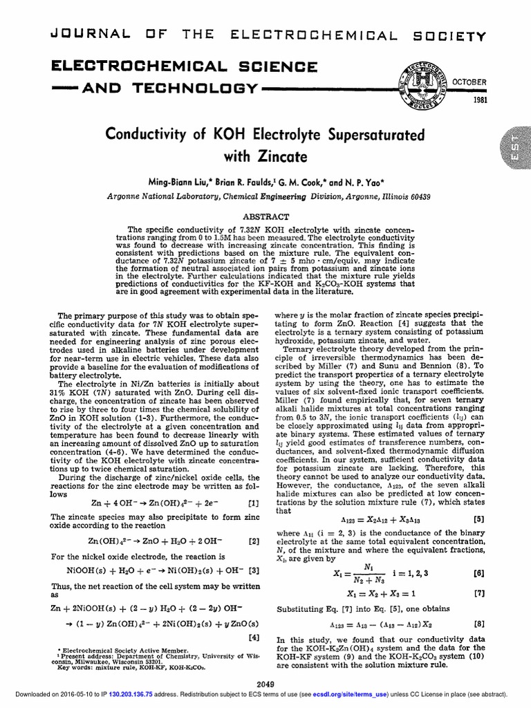 Conductivity of KOH | PDF | Solubility | Zinc Oxide