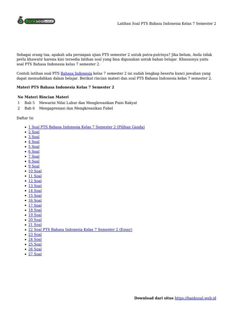 Latihan Soal PTS Bahasa Indonesia Kelas 7 Semester 2 | PDF