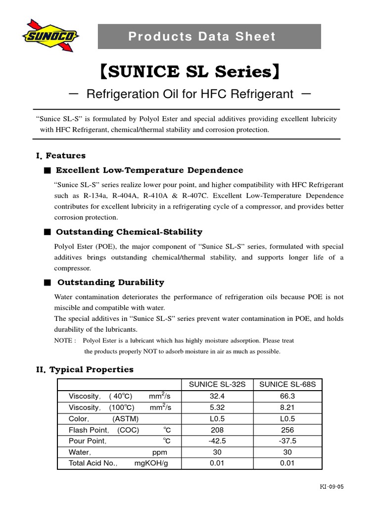 SUNICE SL Series】: － Refrigeration Oil for HFC Refrigerant － | PDF ...