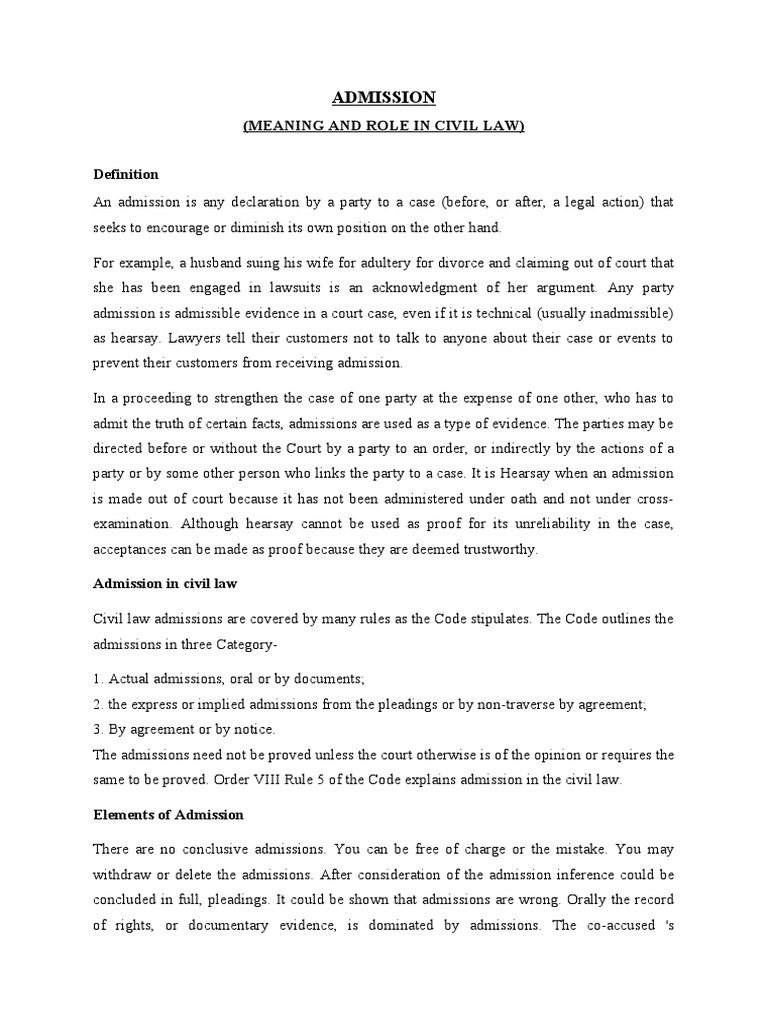 Admission: (Meaning and Role in Civil Law) | PDF | Evidence (Law) | Hearsay