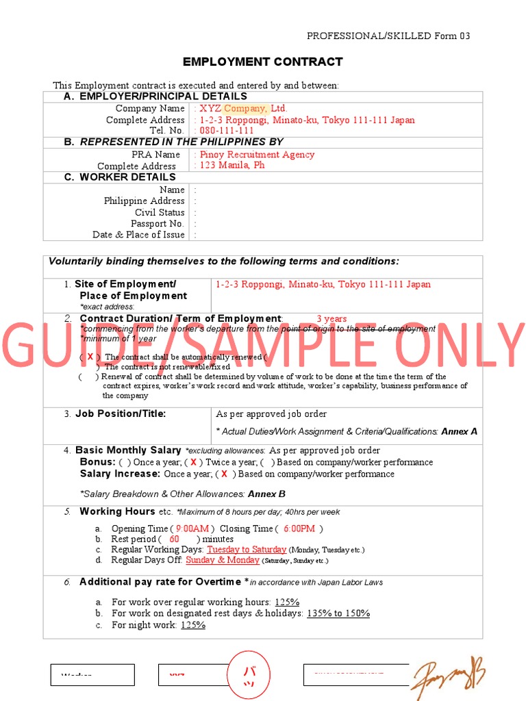 SAMPLE FORM 03 MASTER EMPLOYMENT CONTRACT With Salary Breakdown List of ...