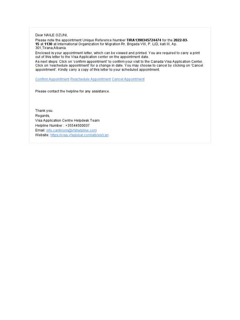 Canada Visa Appointment Details - Tirana | PDF | Social Science