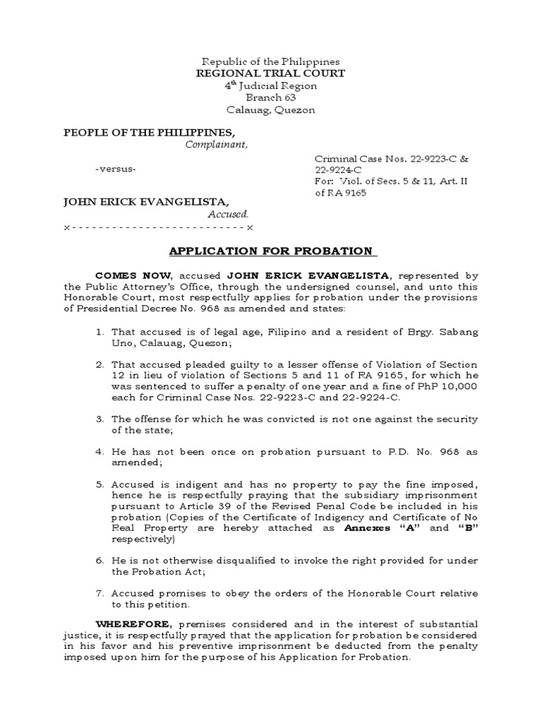 Application For Probation - John Erick Evangelista | PDF | Probation ...