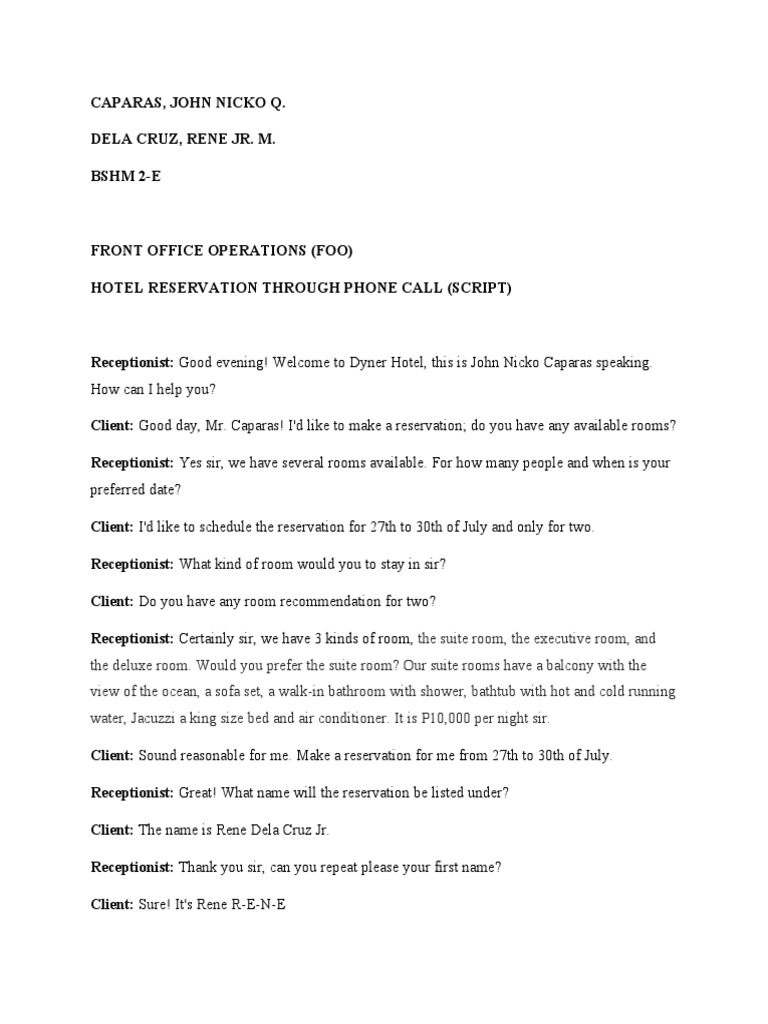 Hotel reservation phone call script | PDF