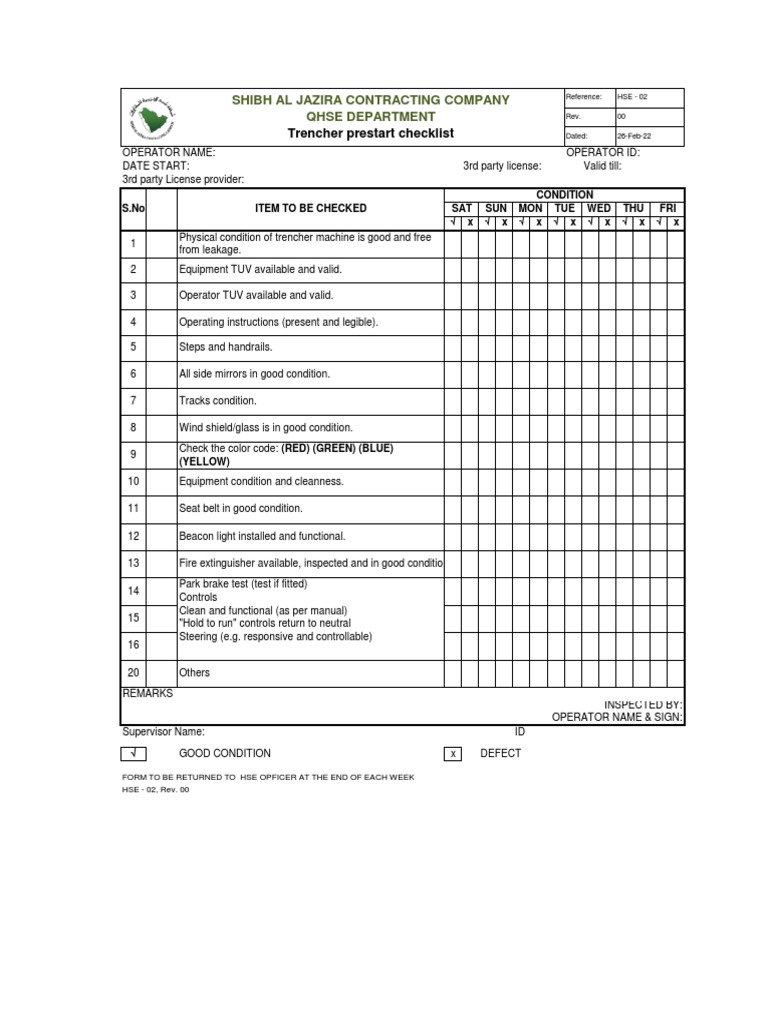 Ensuring Equipment Safety: A Trencher Pre-Start Checklist | PDF