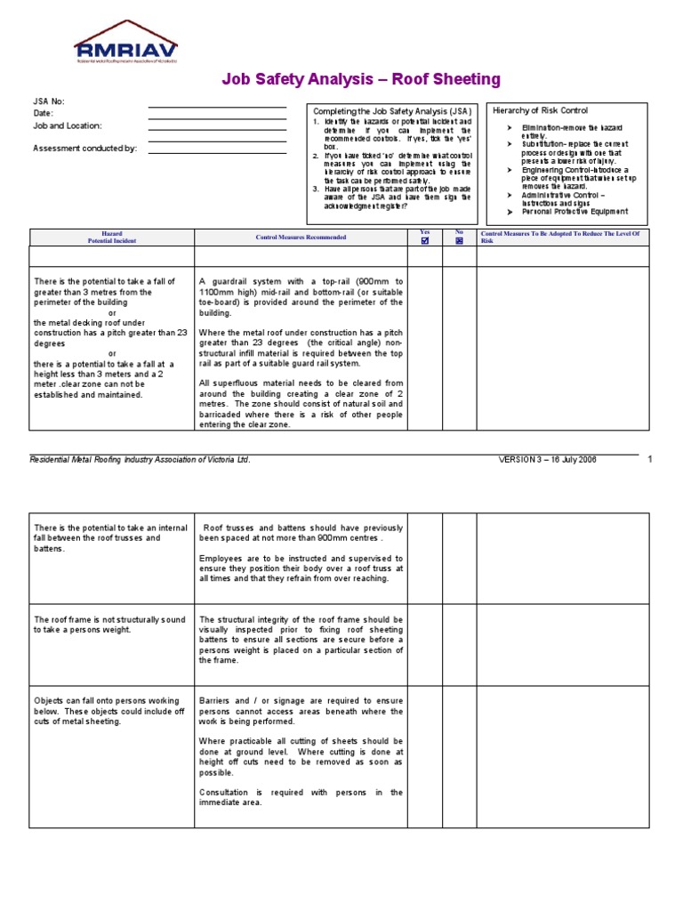 Job Safety Analysis - Roof Sheeting | PDF | Occupational Safety And ...