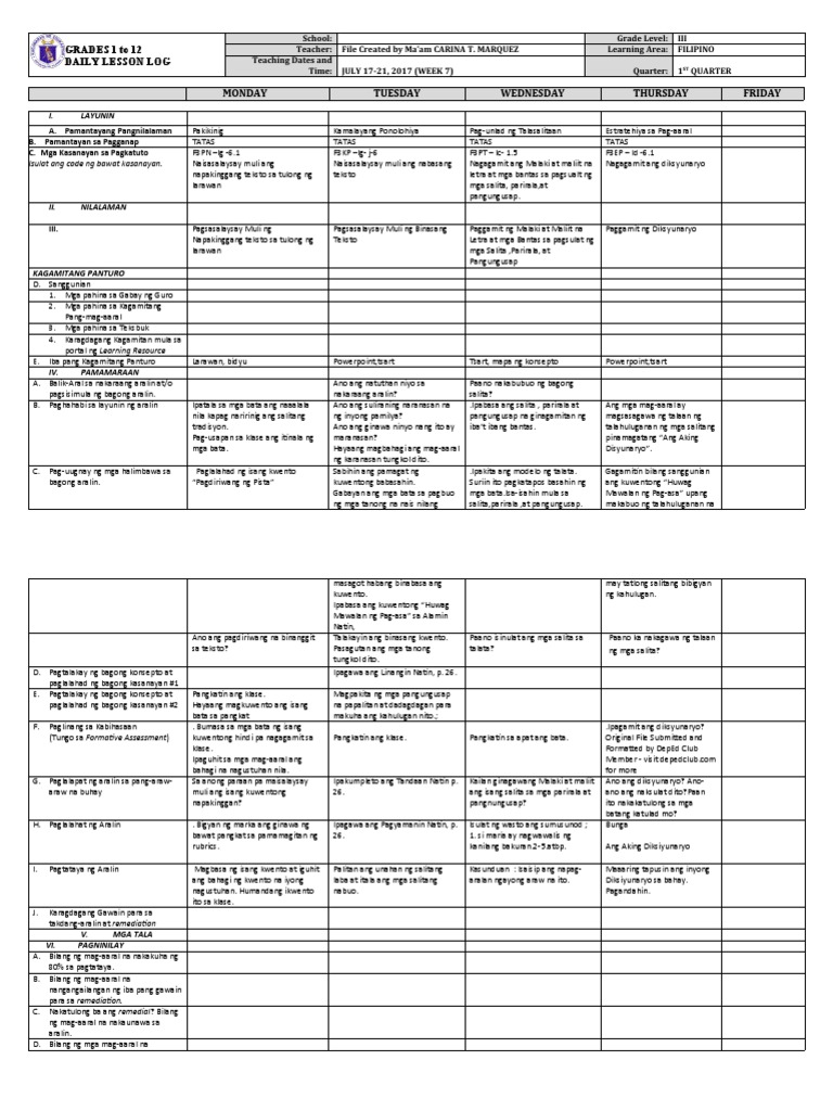 Grade 3 DLL Filipino 3 q1 Week 7 | PDF