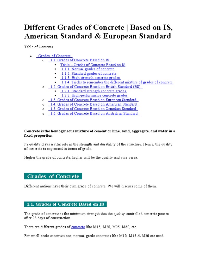 Overview of Concrete Grades and Standards | PDF | Concrete | Precast ...