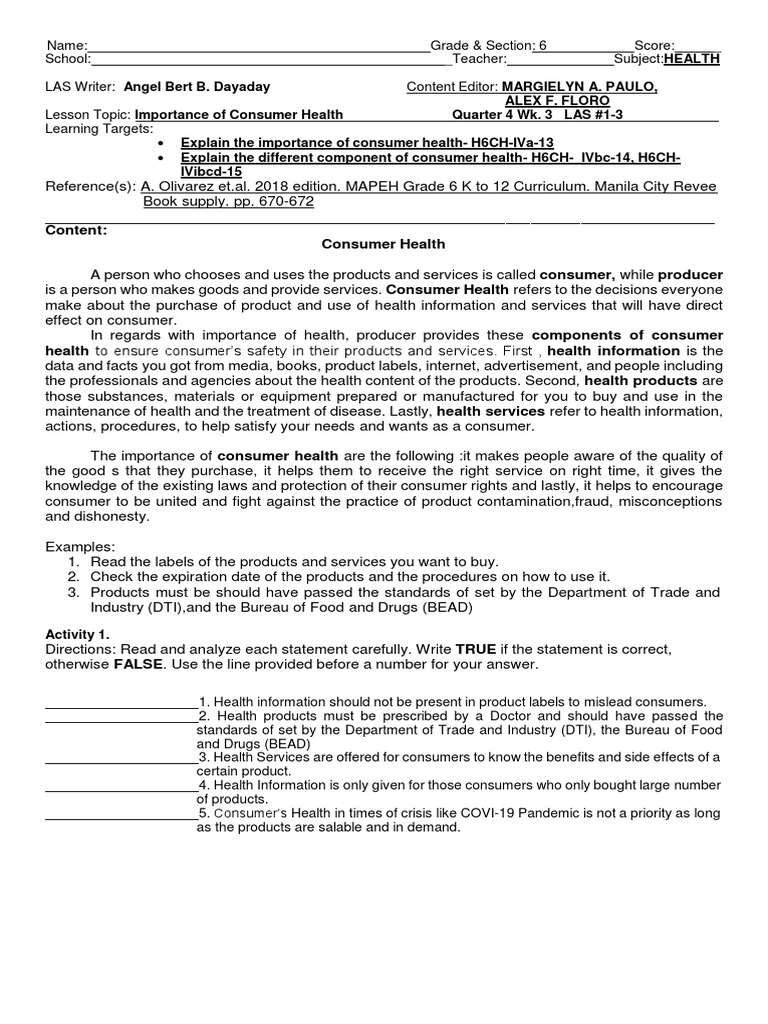 Importance of Consumer Health in Grade 6 | PDF | Wellness | Science ...