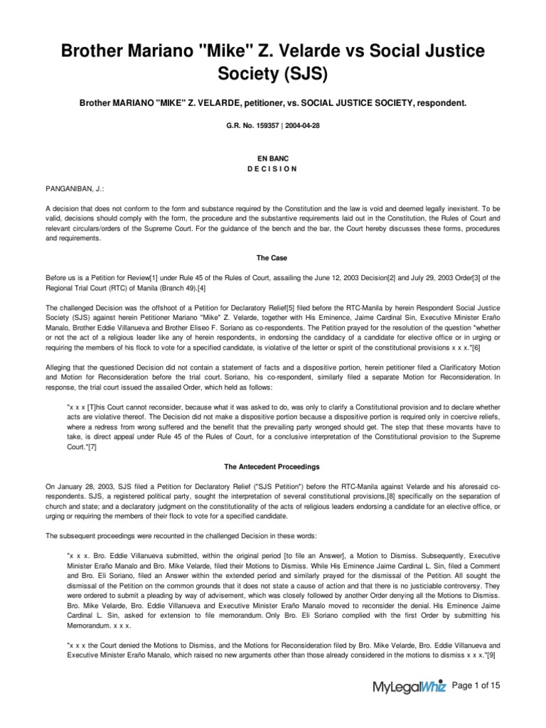 Brother Mariano Mike Z Velarde Vs Social Justice Society (SJS) | PDF ...