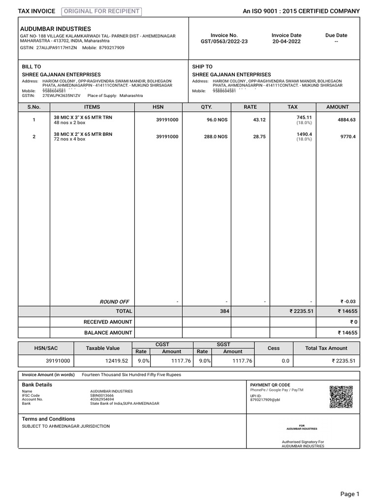 Gst 0563 2022-23-Sales Invoice-shree Gajanan Enterprises | PDF ...