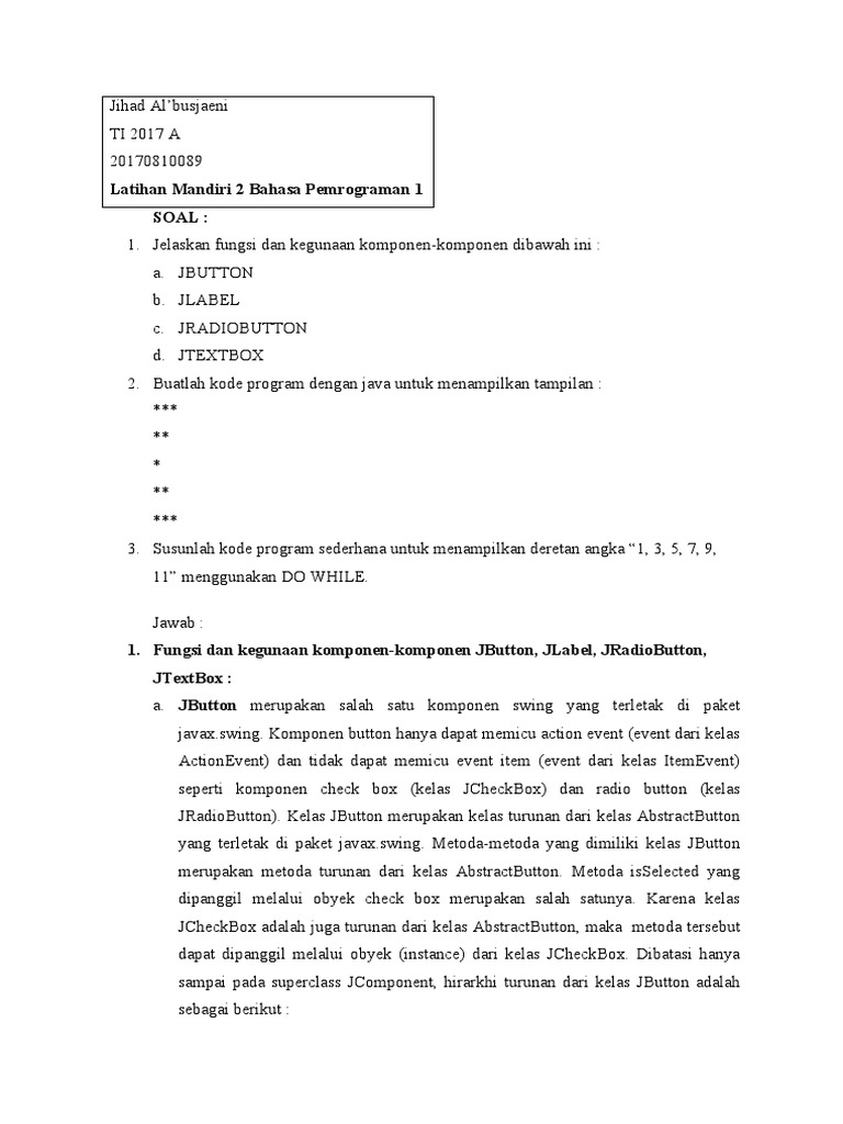 Komponen GUI Java: JButton, JLabel, JRadioButton, JTextField | PDF