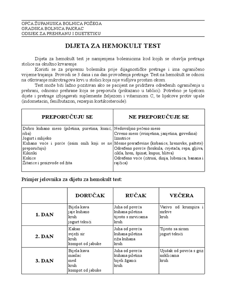 Upute - Dijeta Za Hemokult Test | PDF