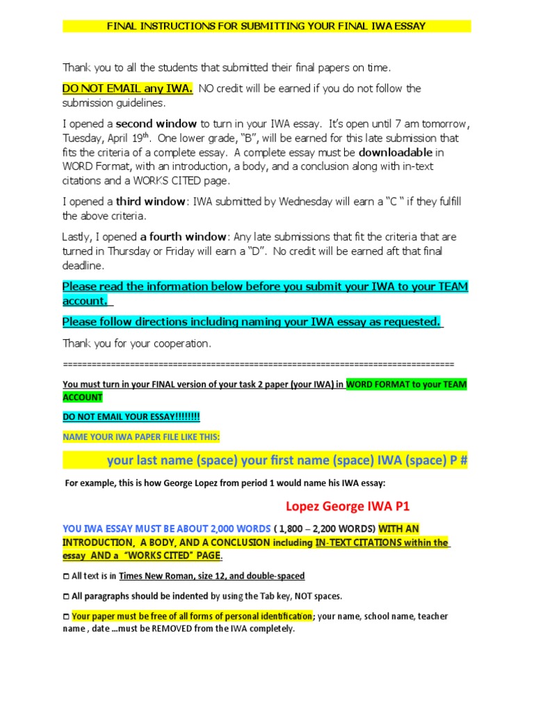 Final Instructions For Submitting Your Final Iwa Essay | PDF | Citation ...