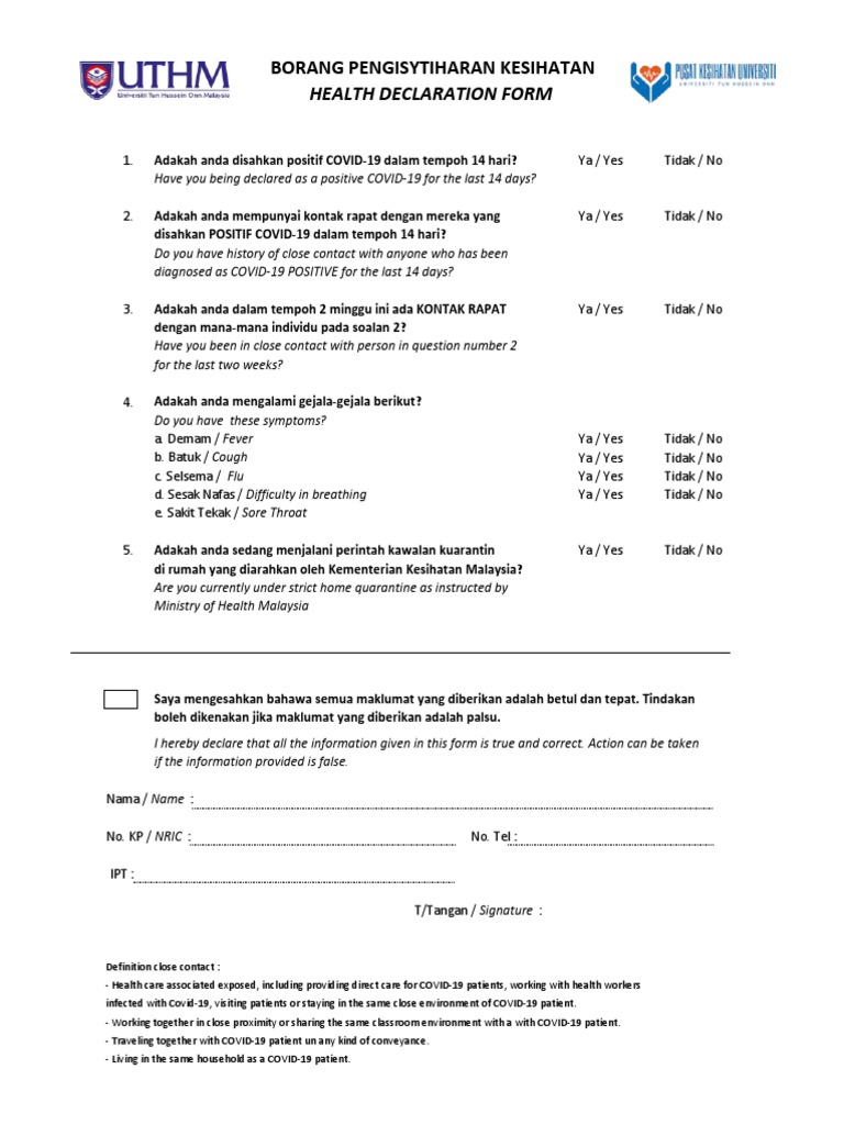 Health - Declaration - Form Uthm | PDF | Respiratory Diseases | Health ...