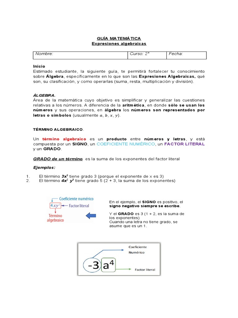 GUÍA Expresiones Algebraicas | PDF | Números | Álgebra