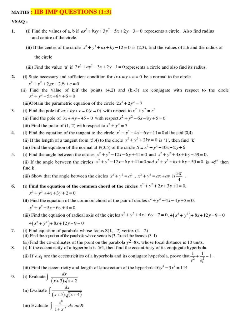 Ts SR Maths Iib Imp Questions | PDF | Circle | Ellipse