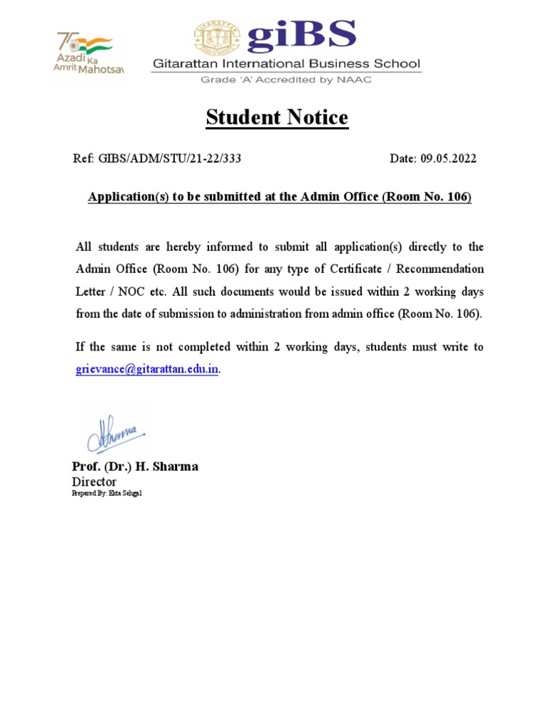 Student Notice: Application(s) To Be Submitted at The Admin Office ...