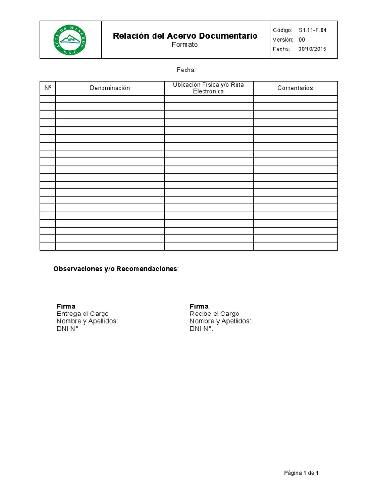 Formato S1.11-F.04 Relacion Acervo Documentario v00 | PDF