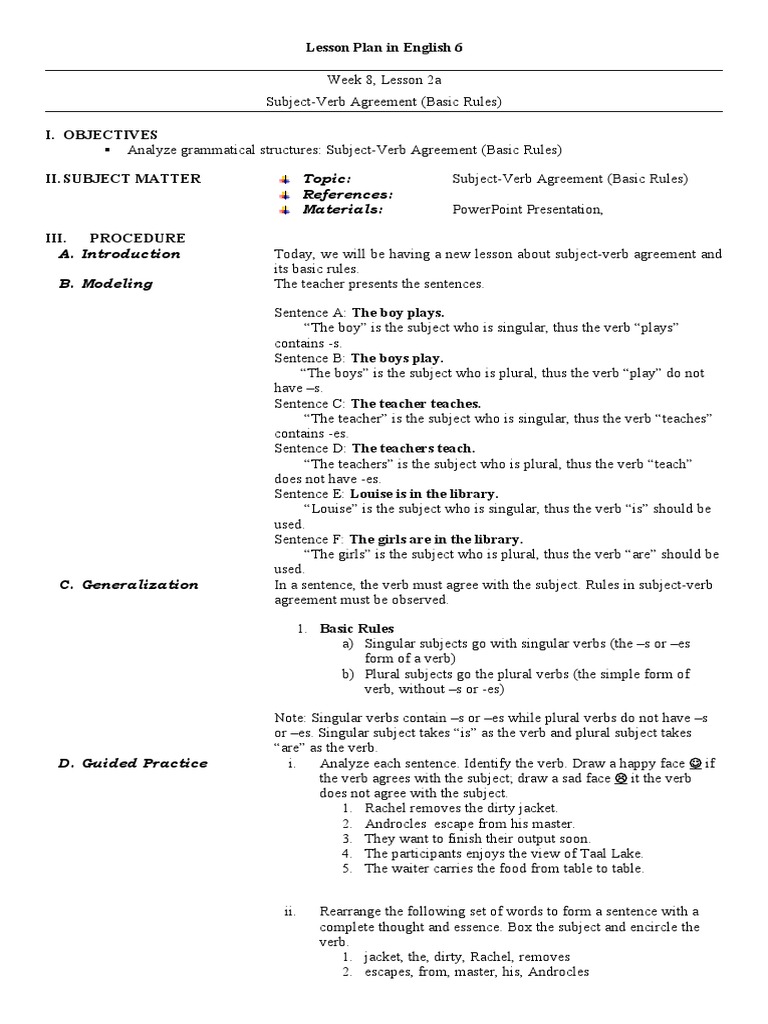 Subject-Verb Agreement Lesson Plan | PDF | Subject (Grammar ...