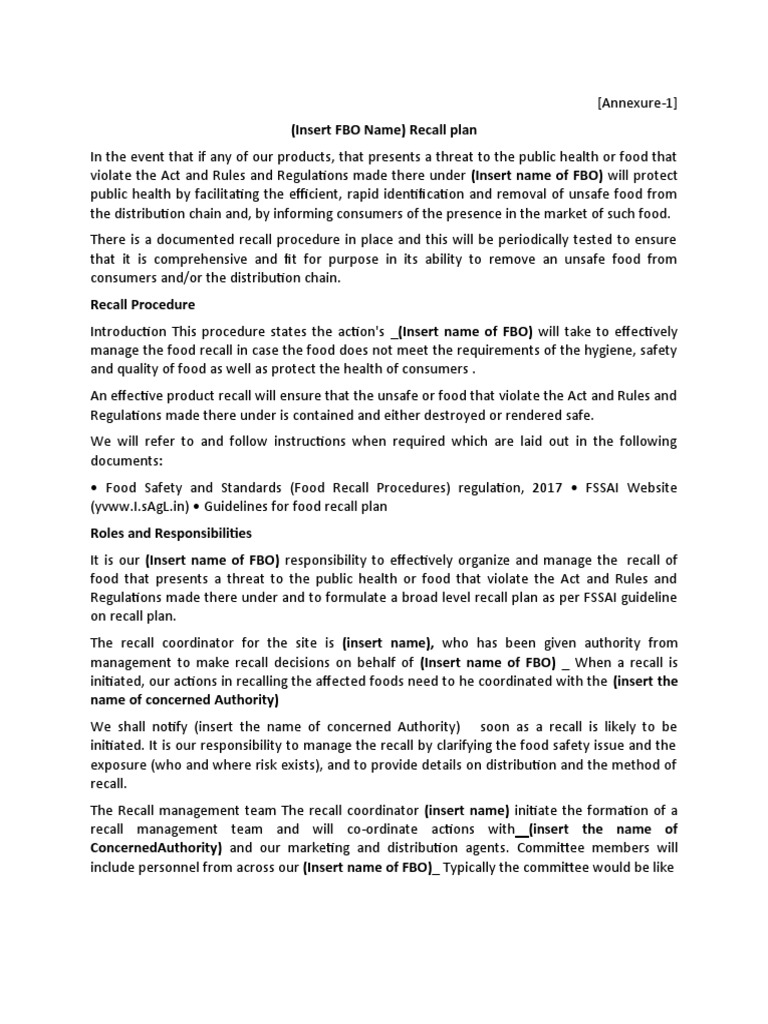 FSSAI Food Recall Plan Sample Template Free PDF File | PDF | Foods | Safety