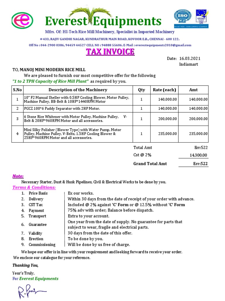 Quotation For 1 To 2 TPH | PDF | Belt (Mechanical) | Manufactured Goods