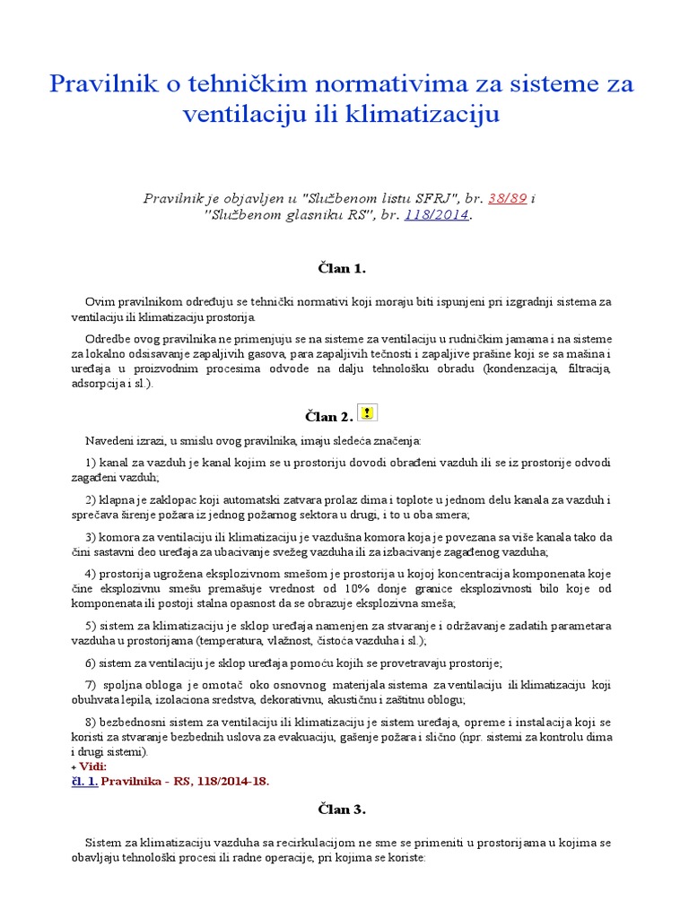 Pravilnik o Tehni Kim Normativima Za Sisteme Za Ventilaciju Ili Klimatizaciju | PDF