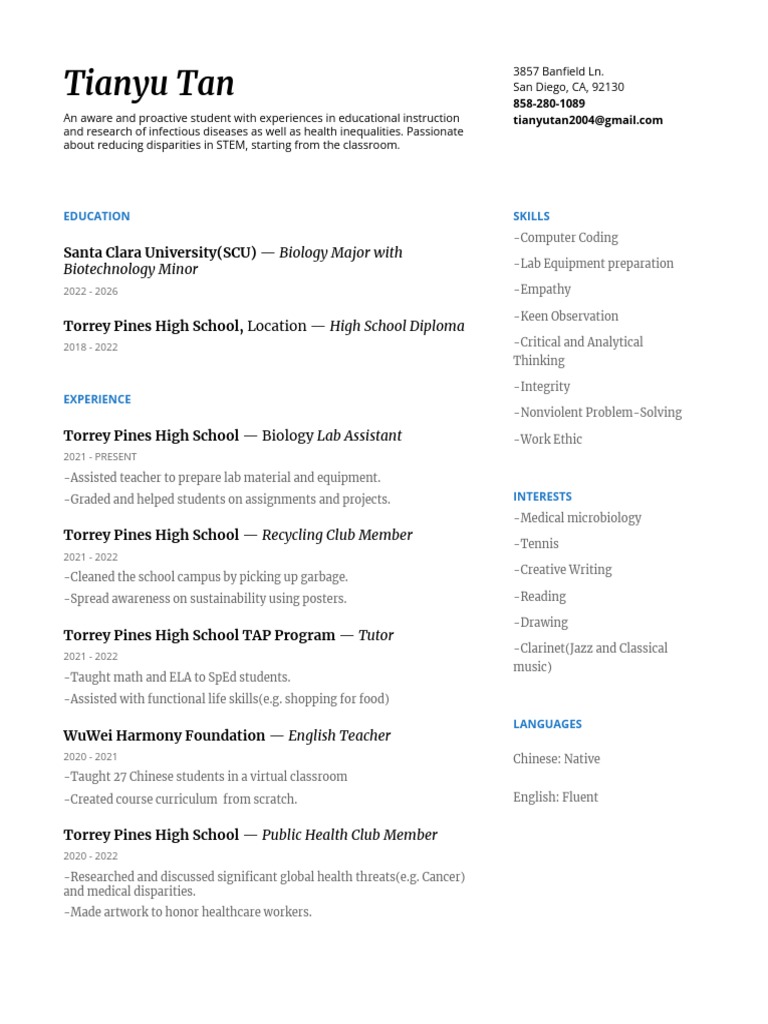 Senior Portfolio Resume Tianyu Tan 4 | PDF | Health Sciences