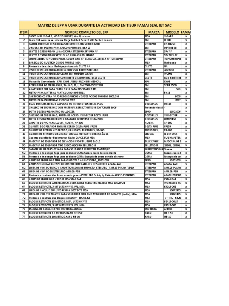 Matriz de Epp de Tisur | PDF | Equipo deportivo | Equipo de protección personal
