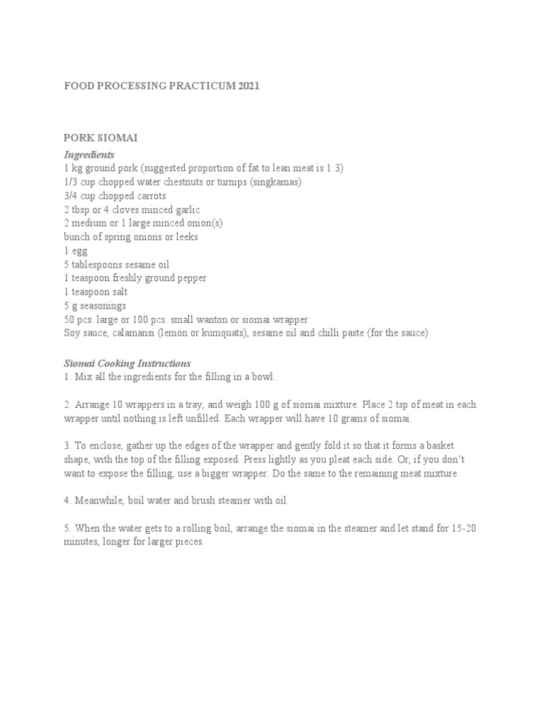 Food Processing Practicum 2021: Ingredients | PDF | Foods | Cuisine