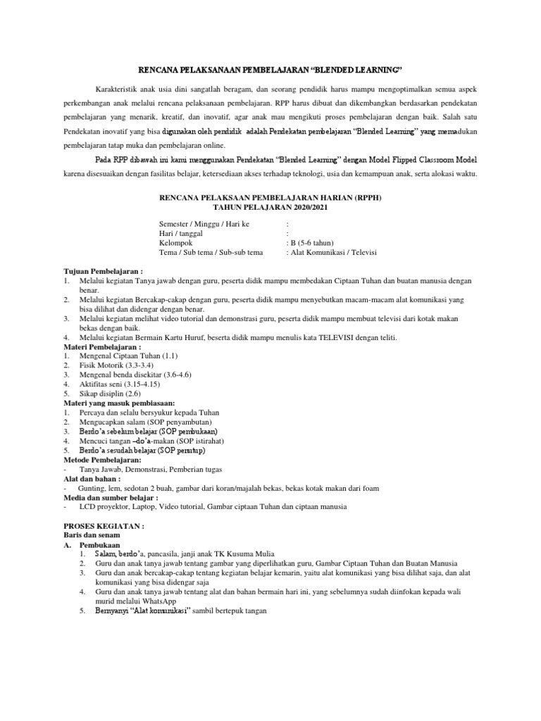RPP Blended Learning untuk PAUD | PDF