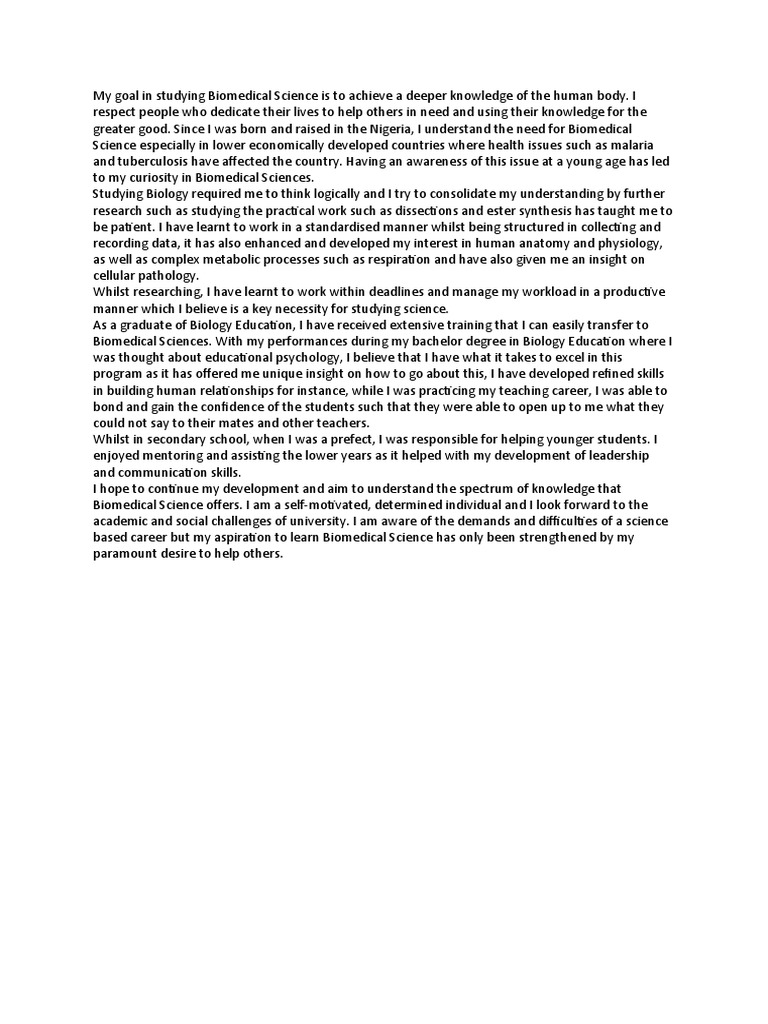 Sop For Biomedical Sciences | PDF