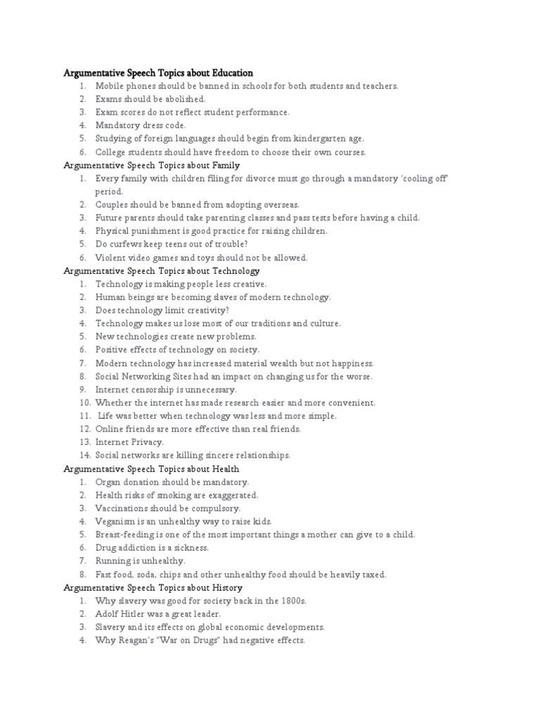 Argumentative Speech Topics About Education | PDF | Internet | Family