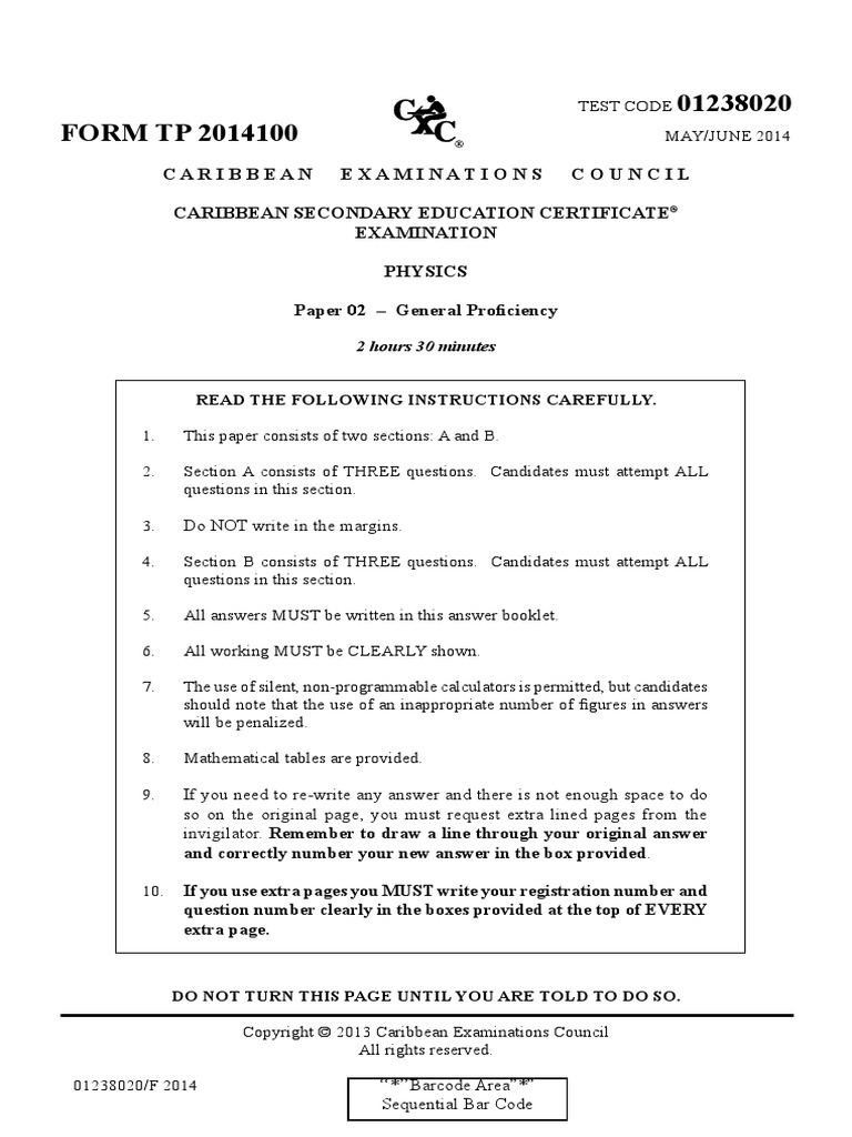 CSEC Physics June 2014 P2 | PDF | Heat | Gravity