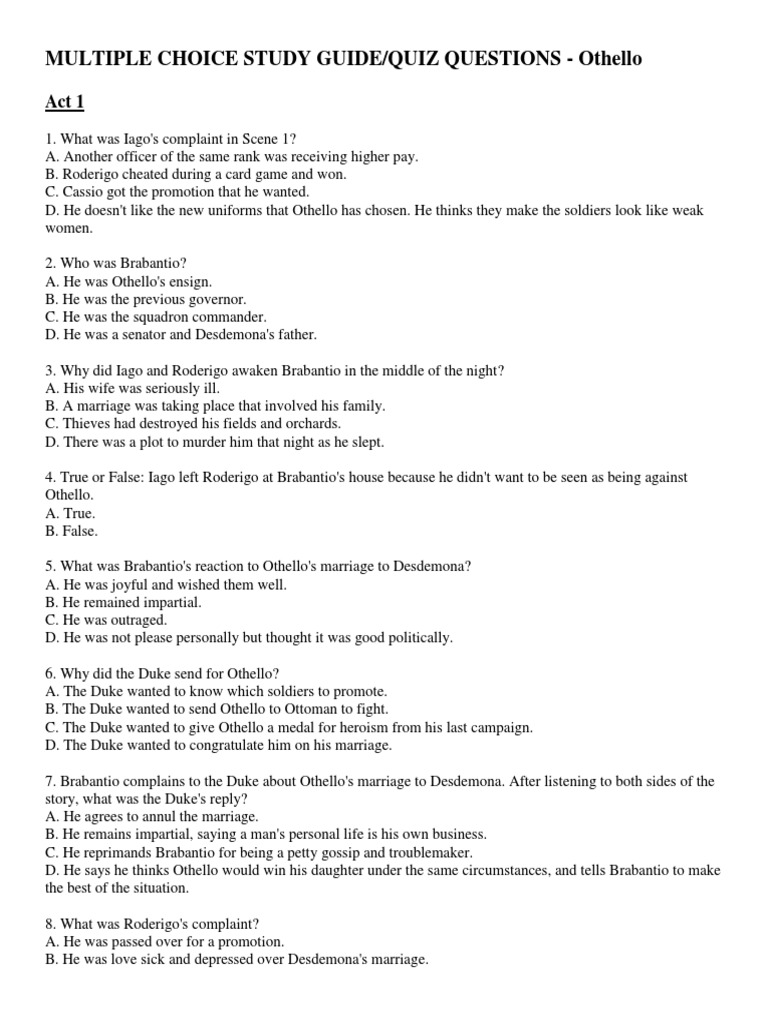 Multiple Choice Study Guide/Quiz Questions - Othello | PDF | Othello | Iago