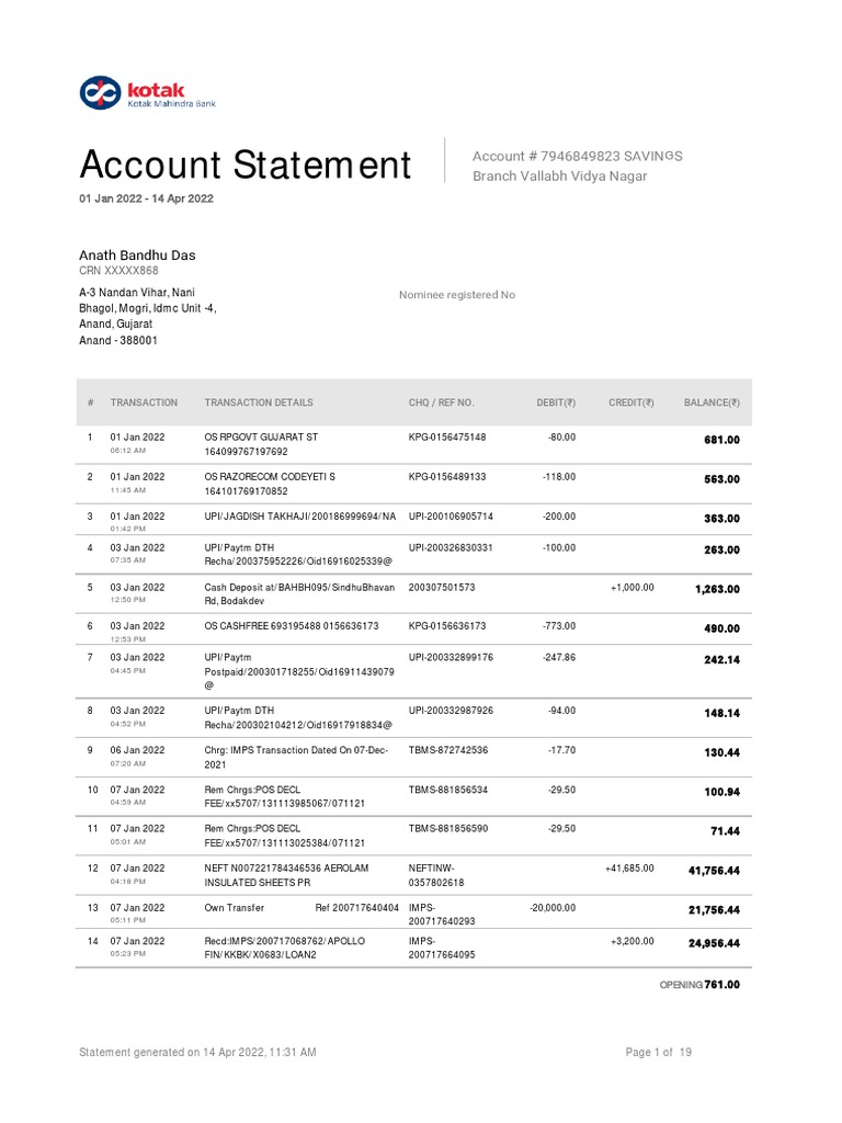 Statement Current yEAR Kotak | PDF | Debits And Credits | Debit Card