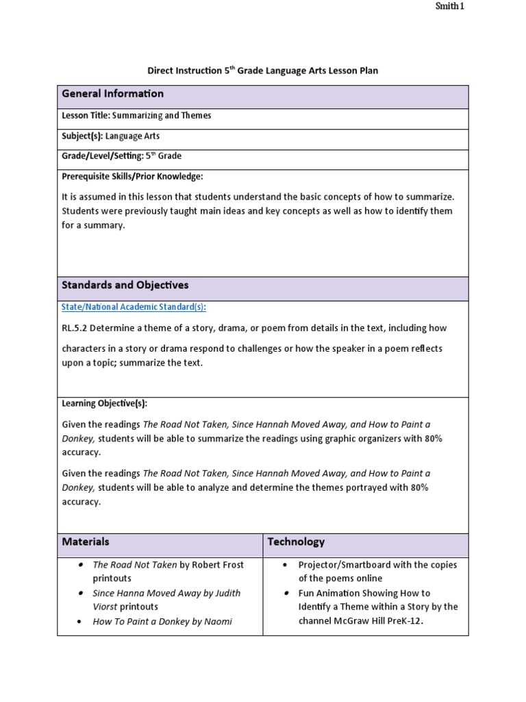 General Information Direct Instruction 5 Grade Language Arts Lesson